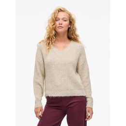 Vila Damen V-Ausschnitt-Pullover "VilaMPE V-NECK L/S KNIT TOP-NOOS", beige, Gr. L, unifarben, Strick, Obermaterial: 70% Polyester, 21% Nylon, 8%