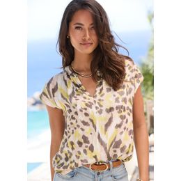 Lascana Damen Kurzarmbluse "mit Alloverdruck", blau, Gr. 38, bedruckt, Web, Obermaterial: 100% Viskose, Blusen, Bedruckte Sommerbluse, Blusenshirt,