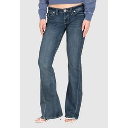 True Religion Damen Bootcut-Jeans "JOEY LR FLARE FLAP", blau, Gr. 27, leichte Abriebeffekte, Denim/Jeans, Obermaterial: 65% Baumwolle, 33% Polyester,