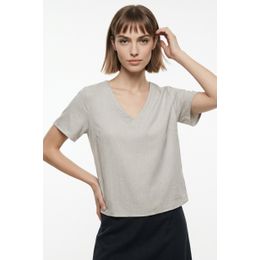 V&eacute;ro Moda VERO MODA Damen Blusenshirt "VMMYMILO S/S V-NECK TOP WVN GA", beige, Gr. S, unifarben, Jersey, Obermaterial: 55% Viskose, 45% Leinen, Shirts, mit