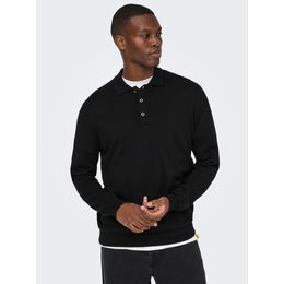 Only & Sons ONLY & SONS Herren Polokragenpullover "ONSLOUI REG 12 LS MEL POLO KNIT", schwarz, Gr. M, unifarben, Strick, Obermaterial: 60% Baumwolle, 20% Nylon,
