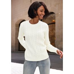 Lascana Damen Rundhalspullover, wei&szlig;, Gr. 36, unifarben, Strick, Obermaterial: 50% Baumwolle, 50% Polyacryl, Pullover, mit Zopfstrickmuster,