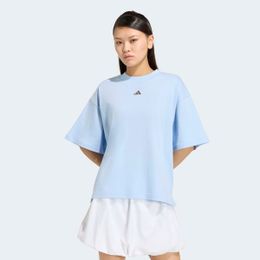 Damen T-Shirt "3 STRIPES STUDIO BOYFRIEND", blau, Gr. M, adidas Sportswear, Obermaterial: 100% Baumwolle, Shirts, Print T-Shirt, locker geschnitten