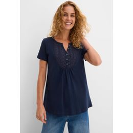 bonprix Damen T-Shirt, blau, Gr. 52, Obermaterial: 100% Baumwolle, Shirts, leicht ausgestellte Passform, Rundhals-Ausschnitt mit Zierknopfleiste
