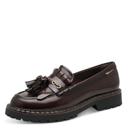 Tamaris Damen Slipper, Gr. 39mokka, Lederimitat, unifarben mit Farbeinsatz, Schuhe, Halbschuh, Loafer, Businessschuh mit modischen Quasten und