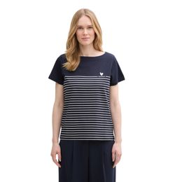 Tom Tailor Damen T-Shirt, blau, Gr. XL, bedruckt, gestreift, Jersey, Obermaterial: 100% Baumwolle, Shirts, mit Print und Streifen Muster