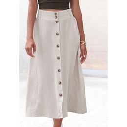 Lascana Damen Midirock "mit Zierknopfleiste vorn und aus Webware mit Leinenanteil", beige, Gr. 44, unifarben, Web, Obermaterial: 85% Viskose, 15%