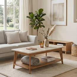 Pharao24.de Couchtisch Wohnzimmer Tisch in Marmor Optik und Eichefarben