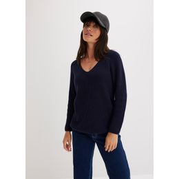 bonprix Damen Strickpullover "Gerippter Pullover aus reiner Baumwolle", blau, Gr. 44, unifarben, Strick, Obermaterial: 100% Baumwolle, Pullover, aus