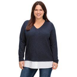 sheego Damen Feinstrickpullover mit Blusen-Einsatz am Saum tiefblau-meliert Gr&ouml;&szlig;e 44/46