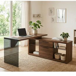 Pharao24.de Designschreibtisch Computerschreibtisch in Walnussfarben mit Sicherheitsglas
