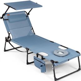 HOMECALL Gartenliege Sonnenliege mit Gesichts&ouml;ffnung und Sonnendach, klappbarer Liegestuhl-bis 180KG(Hellblau 1 st)
