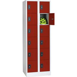 Wolf 6er-Schlie&szlig;fachschrank Stuttgart, 2 Abteile, B 600 mm, lichtgrau / feuerrot