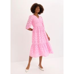 bonprix Lochstickerei-Midikleid aus reiner Baumwolle, rosa, Gr.36, feminines Midkleid aus reiner Baumwolle mit dekorativer Lochstickerei und kleiner Knopfleiste vorne am Ausschnitt, aus 100% Baumwolle