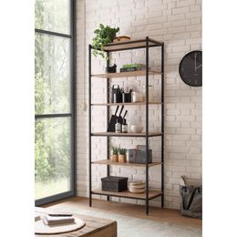 P & B Regal, Schwarz, Eiche, Metall, Holzwerkstoff, 6 F&auml;cher, 80x195x40 cm, Made in Europe, Wohnzimmer, Regale, B&uuml;cherregale