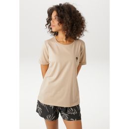 Aniston CASUAL Damen T-Shirtbeige, schwarz, Gr. 44, unifarben mit Farbeinsatz, Single Jersey, Obermaterial: 100% Baumwolle, Shirts, mit aufgestickter
