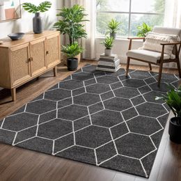 Teppich Sanat, B:60cm H:10mm L:110cmdunkelgrau, Kunstfaser, Wohnzimmer, Teppiche, "Trellis, auch als L&auml;ufer und Rund", Kurzflor, skandi, boho, gro&szlig;e