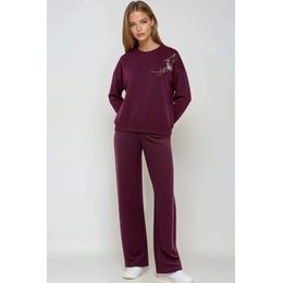 Besticktes Rundhals-Sweatshirt & Gerade Beine Hose Zwei-Teile-Set