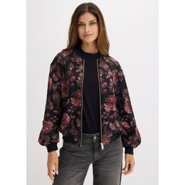 bonprix Blouson, schwarz, Gr.46, floral bedruckter Blouson mit Rei&szlig;verschluss vorne, aus Satin