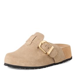 Tamaris Damen Clog, Gr. 37, beige, Leder, unifarben, Basic, Schuhe, Clog, Hausschuh, Flat mit verstellbarer Schnalle