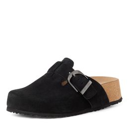 Tamaris Damen Clog, Gr. 40schwarz, Leder, unifarben, Basic, Schuhe, Clog, Hausschuh, Flat mit verstellbarer Schnalle
