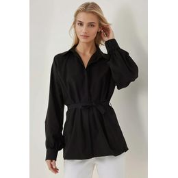 Leinen-Polyester Langarmhemd mit G&uuml;rtel