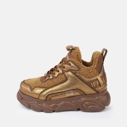 Buffalo Damen Plateausneaker "CLD CHAI WARM", Gr. 38braun, gold, Lederimitat, Textil, Schuhe, Schn&uuml;rschuh, Halbschuh, Freizeitsneaker mit