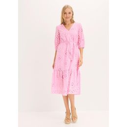 bonprix Midikleid aus reiner Baumwolle mit Lochstickerei, rosa, Gr.46, mit V-Ausschnitt und Lochstickerei, aus 100% Baumwolle