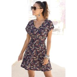 VIVANCE BY LASCANA Sommerkleid 'mit Blumendruck und V-Ausschnitt' mehrfarbig Gr. 36 f&uuml;r Damen. Tiefer V-Ausschnitt und Allover-Druck. Figurumspielend.