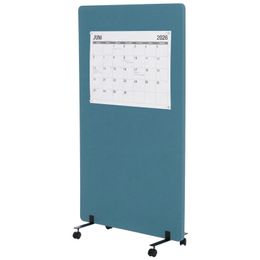 Akustik-Trennwand MCW-G77, B&uuml;ro-Sichtschutz Raumteiler Pinnwand, doppelwandig rollbar Stoff/Textil ~ 147x80cm t&uuml;rkis
