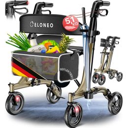 ELONEO Rollator faltbar und leicht mit Sitz - ultraleicht (5,1kg), Leichtgewicht-Reiserollator aus Aluminium, Gehhilfe h&ouml;henverstellbar und faltbar, Laufhilfe mit Tasche & Schirmhalter, champagner