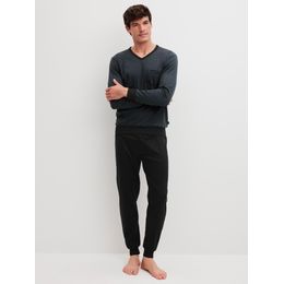 Calida Herren Schlafanzug "Relax Streamline 2", Gr. M, schwarz, Interlock, Obermaterial: 100% Baumwolle, Homewear-Sets, V-Ausschnitt, mit langen