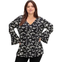 sheego by Joe Browns Damen Langarmshirt mit Biesen und Volant&auml;rmeln schwarz-gemustert Gr&ouml;&szlig;e 48/50