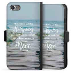 DeinDesign iPhone SE (2022) Handy Klapph&uuml;lle Handyh&uuml;lle aus Kunst Leder schwarz Flip Case Statement Beach Spruch Sideflip mit Lasche