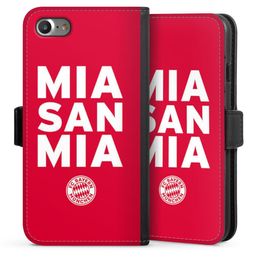 DeinDesign iPhone SE (2022) Handy Klapph&uuml;lle Handyh&uuml;lle aus Kunst Leder schwarz Flip Case Fc Bayern M&uuml;nchen Mia San Mia Fcb Sideflip mit Lasche