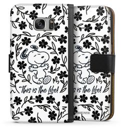 DeinDesign Galaxy S7 Handy Klapph&uuml;lle Handyh&uuml;lle aus Kunst Leder schwarz Flip Case Peanuts Flowers Snoopy Sideflip mit langer Lasche