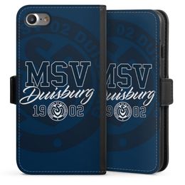 DeinDesign iPhone SE (2022) Handy Klapph&uuml;lle Handyh&uuml;lle aus Kunst Leder schwarz Flip Case Msv Duisburg Merchandise Soccer Sideflip mit Lasche