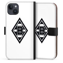 DeinDesign iPhone 14 Plus Handy Klapph&uuml;lle Handyh&uuml;lle aus Kunst Leder schwarz Flip Case Logo Borussia M&ouml;nchengladbach Gladbach Sideflip mit langer Lasche