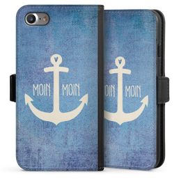 DeinDesign iPhone SE (2020) Handy Klapph&uuml;lle Handyh&uuml;lle aus Kunst Leder schwarz Flip Case Anchor Maritim Blue Sideflip mit Lasche
