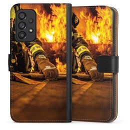 DeinDesign Galaxy A53 5G Handy Klapph&uuml;lle Handyh&uuml;lle aus Kunst Leder schwarz Flip Case Fire Fighters Life Saver Fire Fighter Sideflip mit langer Lasche