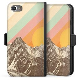 DeinDesign iPhone SE (2020) Handy Klapph&uuml;lle Handyh&uuml;lle aus Kunst Leder schwarz Flip Case Retro Mountain Sunshine Sideflip mit Lasche