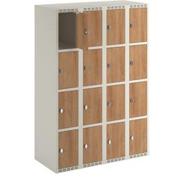 4er-Schlie&szlig;fachschrank Fydor, HPL, 4 Abteile, wei&szlig;/Eiche, B 1200 mm, flache Dachform, Vorh&auml;ngeschloss kaiserkraft
