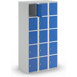 5er-Schlie&szlig;fachschrank Fydor, 3 Abteile, lichtgrau / enzianblau, B 900 mm, flache Dachform, Vorh&auml;ngeschloss kaiserkraft