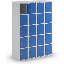 5er-Schlie&szlig;fachschrank Fydor, 4 Abteile, lichtgrau / enzianblau, B 1200 mm, flache Dachform, Vorh&auml;ngeschloss kaiserkraft