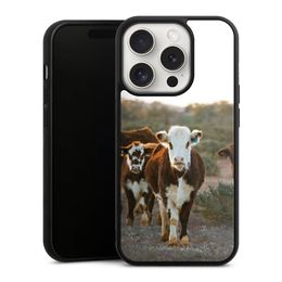 DeinDesign iPhone 15 Pro Handy Gallery Case Handyh&uuml;lle 9H Geh&auml;rtetes Glas R&uuml;ckseite H&uuml;lle Cow Farmer Calf Gallery Case