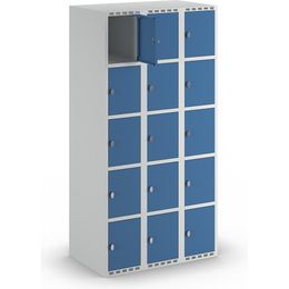 5er-Schlie&szlig;fachschrank Fydor, 3 Abteile, lichtgrau / brillantblau, B 900 mm, 3 Abteile, flache Dachform, Vorh&auml;ngeschloss kaiserkraft