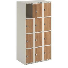 4er-Schlie&szlig;fachschrank Fydor, HPL, 3 Abteile, wei&szlig;/Eiche, B 900 mm, flache Dachform, Vorh&auml;ngeschloss kaiserkraft