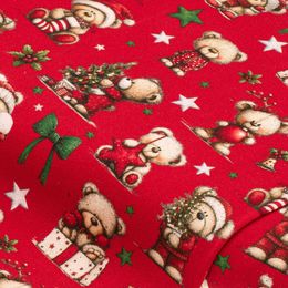 buttinette Baumwoll-Jersey "Weihnachtsb&auml;ren" mit Elasthan, rot-color