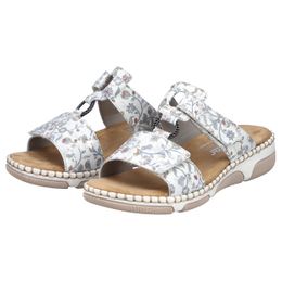 Rieker Damen Pantolette, Gr. 41hellgrau multi, Lederimitat, gebl&uuml;mt, metallic, Schuhe, Sommerschuh, Urlaubsschuh, Strandschuh mit floralem Muster