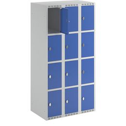 4er-Schlie&szlig;fachschrank Fydor, 3 Abteile, lichtgrau / enzianblau, B 900 mm, flache Dachform, Vorh&auml;ngeschloss kaiserkraft
